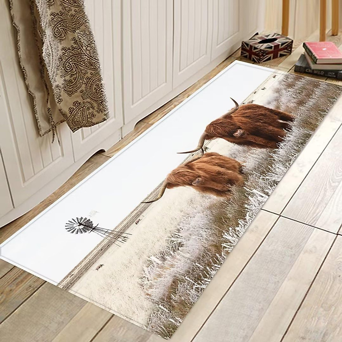 Western Rug Long Runner Rug for Hallway 2x6,Bull Longhorns Highland Cow Farmhouse Country Farm Cattle,Area Rug Hallway Rugs Non-Slip Floor Carpet for Bedroom Entrance Door Mat Washable Kitchen Rugs