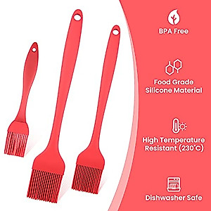 Silicone Pastry Brush, 3 Pcs Silicone Brushes, Basting Brush for Cooking, Pastry Brush for Baking, BBQ, Grilling, Heat Resistant, Dishwasher Safe (Red)