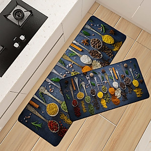 Spice Cooking Kitchen Mat Set 2 Pieces Artistic Colorful Kitchen Rug Farmhouse Non Slip Anti Fatigue Kitchen Rugs Comfort Standing Mats Runner Carpet for Sink, 17.3" x 28" + 17.3" x 47"