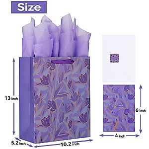 Qirrmiy 13” Large Purple Gift Bag Set with Greeting Card and Tissue Paper (Purple Flowers Design) for Celebrating Birthdays, Mother's Day, Weddings, Anniversaries - 10.2”x5.2”x13”, 1 Pcs.