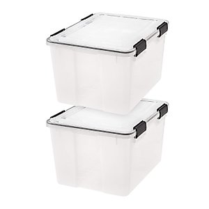 IRIS USA WEATHERPRO 47 Quart Stackable Storage Box with Airtight Gasket Seal Lid, Heavy Duty Containers with Tight Latches, Weather proof Bins for Closet Basement Attic, 2 Pack - Clear/Black