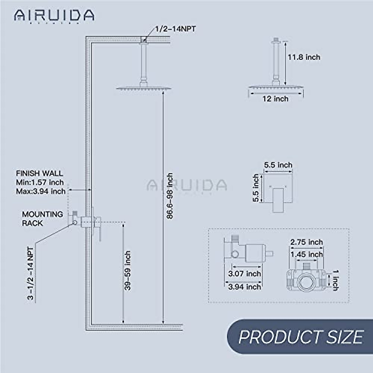 Airuida Matte Black Shower Faucet Set 12 Inch Square Shower Head and Handle Set Single Function Shower Trim Kit Ceiling Mount Bathroom with Male Threads and Rough-in Valve
