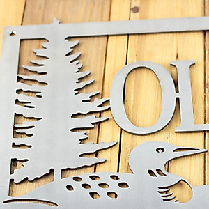 Personalized Rectangular Metal Family Name Plaque with Lake Loon and Pine Trees