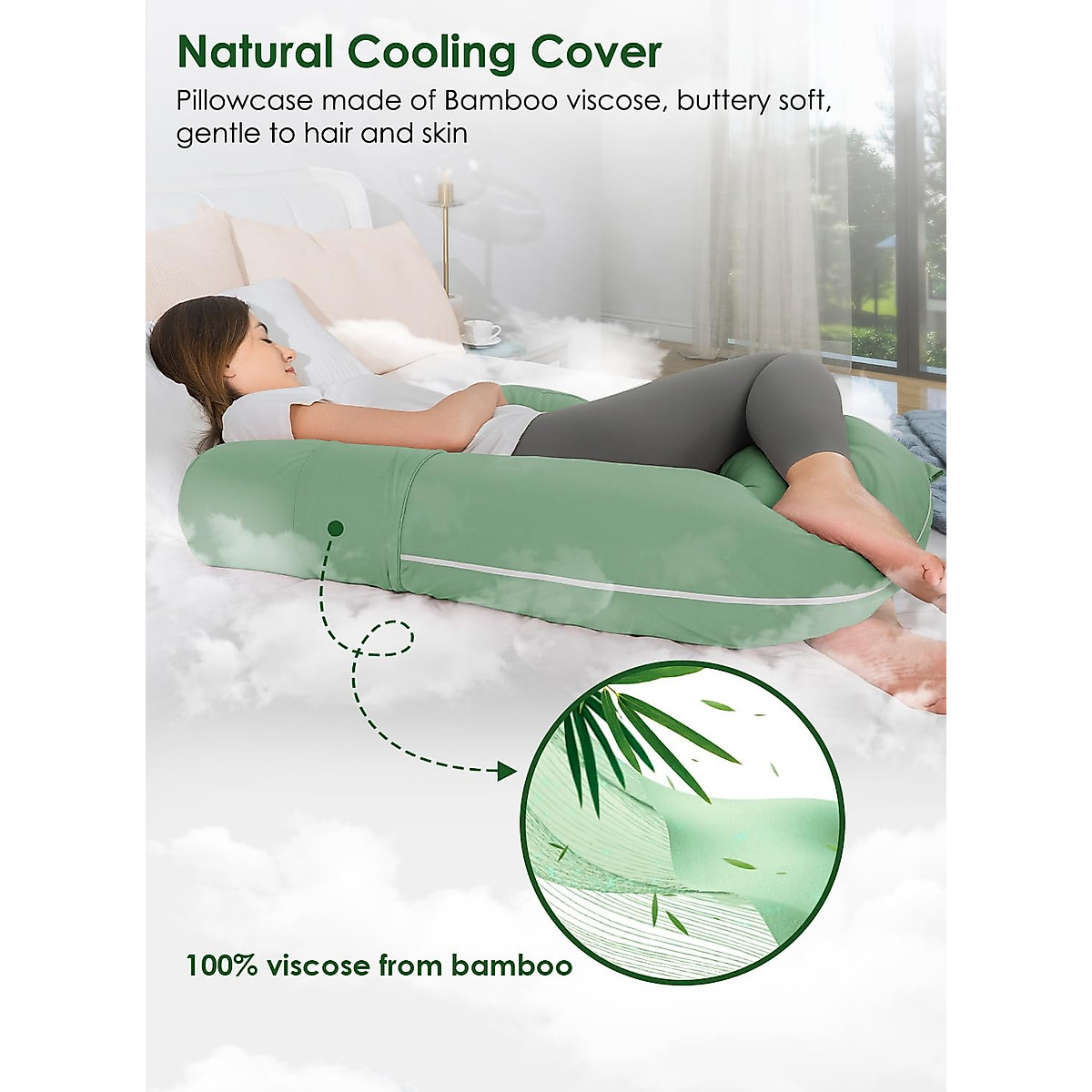 QUEEN ROSE Pregnancy Pillows, Cooling Body Pillow for Pregnancy Sleeping, F Shaped Maternity Pillow for Pregnant Women, Back & Belly Support, Pregnancy Must Haves, Green