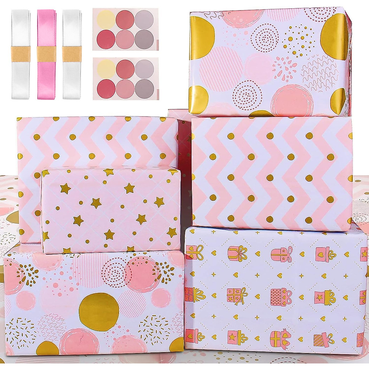 Wrapping Paper Pink Gold Birthday Gift Wrapping Paper for Girls Women-Soft Pink Gift Wrap Paper and Ribbon Sticker for Present - Pretty Light Pink Wrapping Paper Birthday Girl Wrapping Paper Birthday Wrapping Paper Girls Folded Sheets for Party,Wedding,Va
