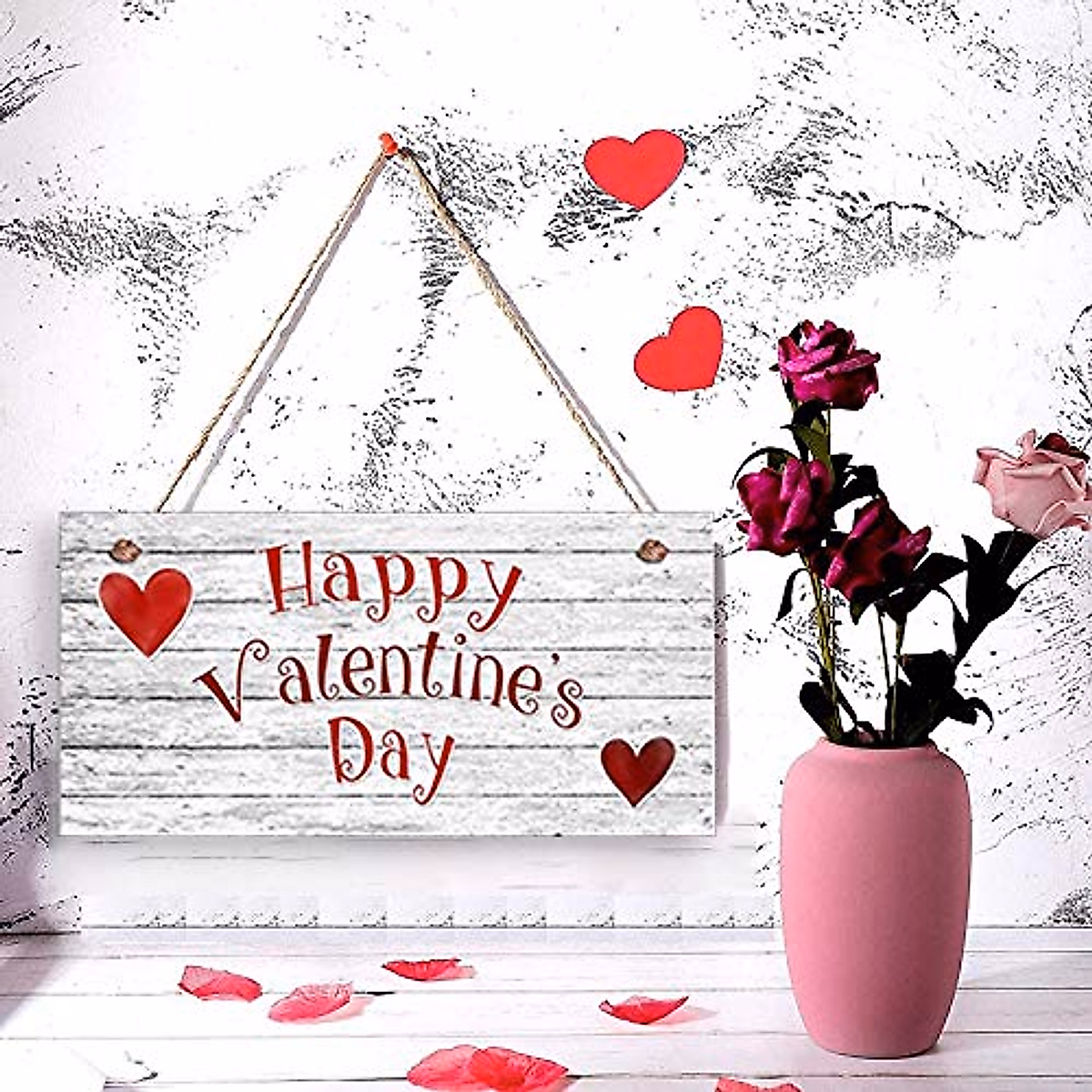 Happy Valentine's Day Sign, Red Hearts, Distressed Wood Style Sign, 6" x 12" Sign, Valentine's Day Gift, Holiday Door Sign（E4-WH219）