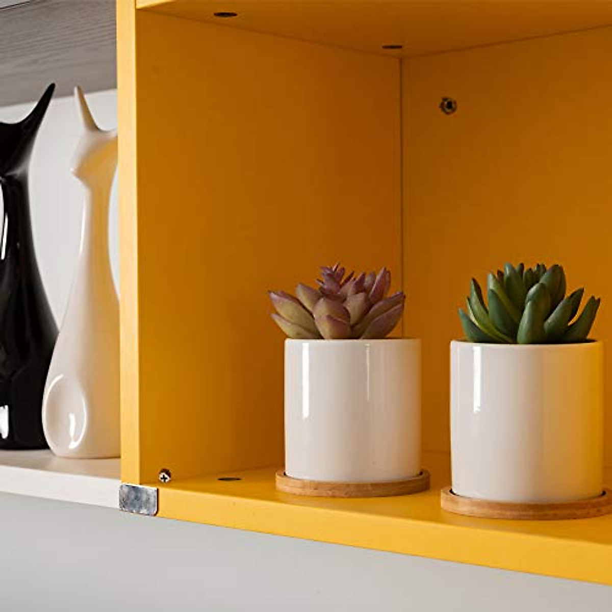 EFISPSS Succulent Plant Pots, 3.2 inch Ceramic Flower Pot with Bamboo Tray, Small Cactus Planter Pots with Drainage Holes, 8 Pack (Plants NOT Included) (White)