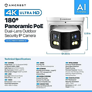 Amcrest Dual-Lens 4K (8MP) Outdoor Security POE Camera, 2 x 4MP Lenses PoE AI Turret IP Camera, 131ft Night Color, Human/Vehicle Detection, Panoramic 180° FOV, 2 x 4MP@25fps IP8M-FCT2999EW-AI (White)
