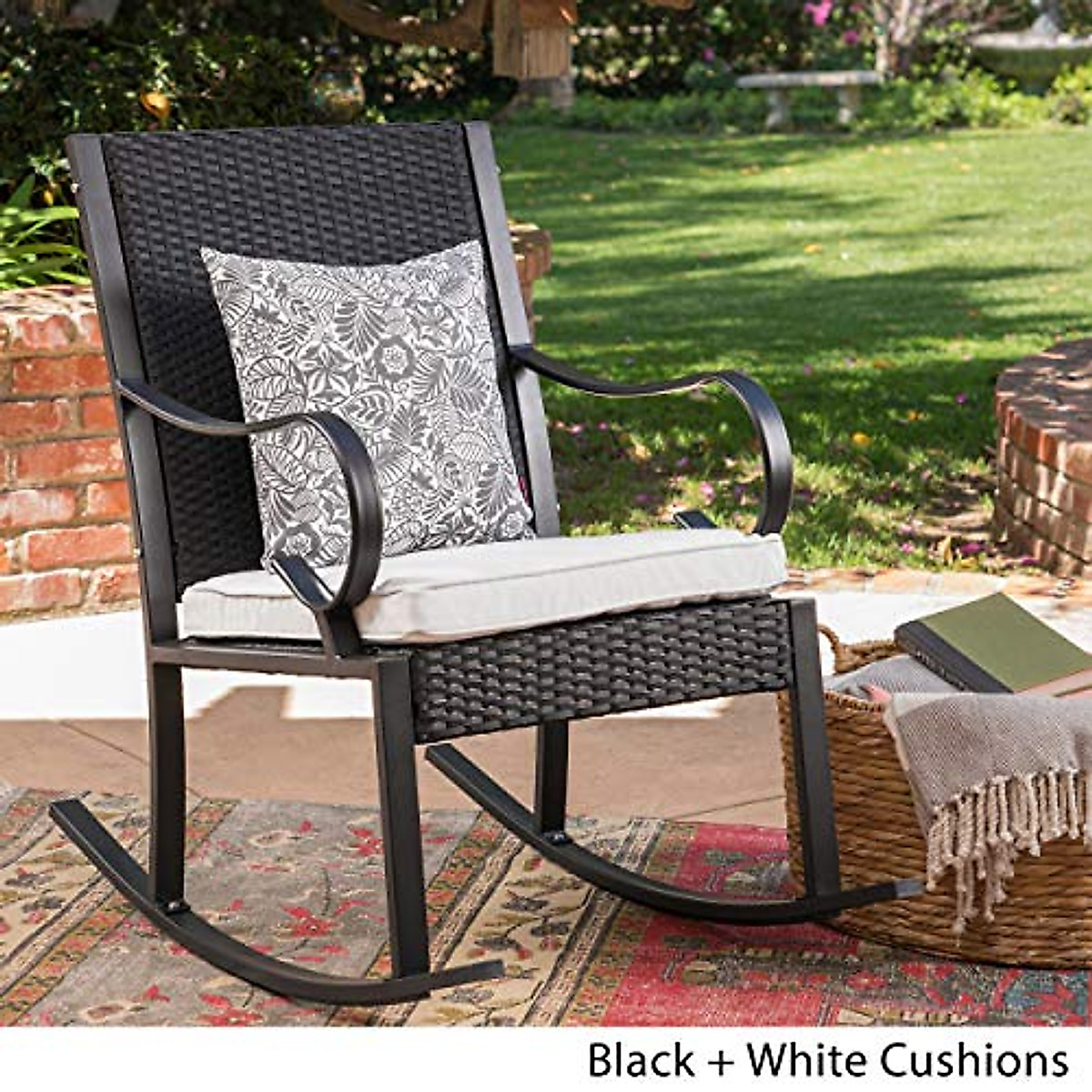 Christopher Knight Home Muriel Outdoor Wicker Rocking Chair, Black/White Cushion