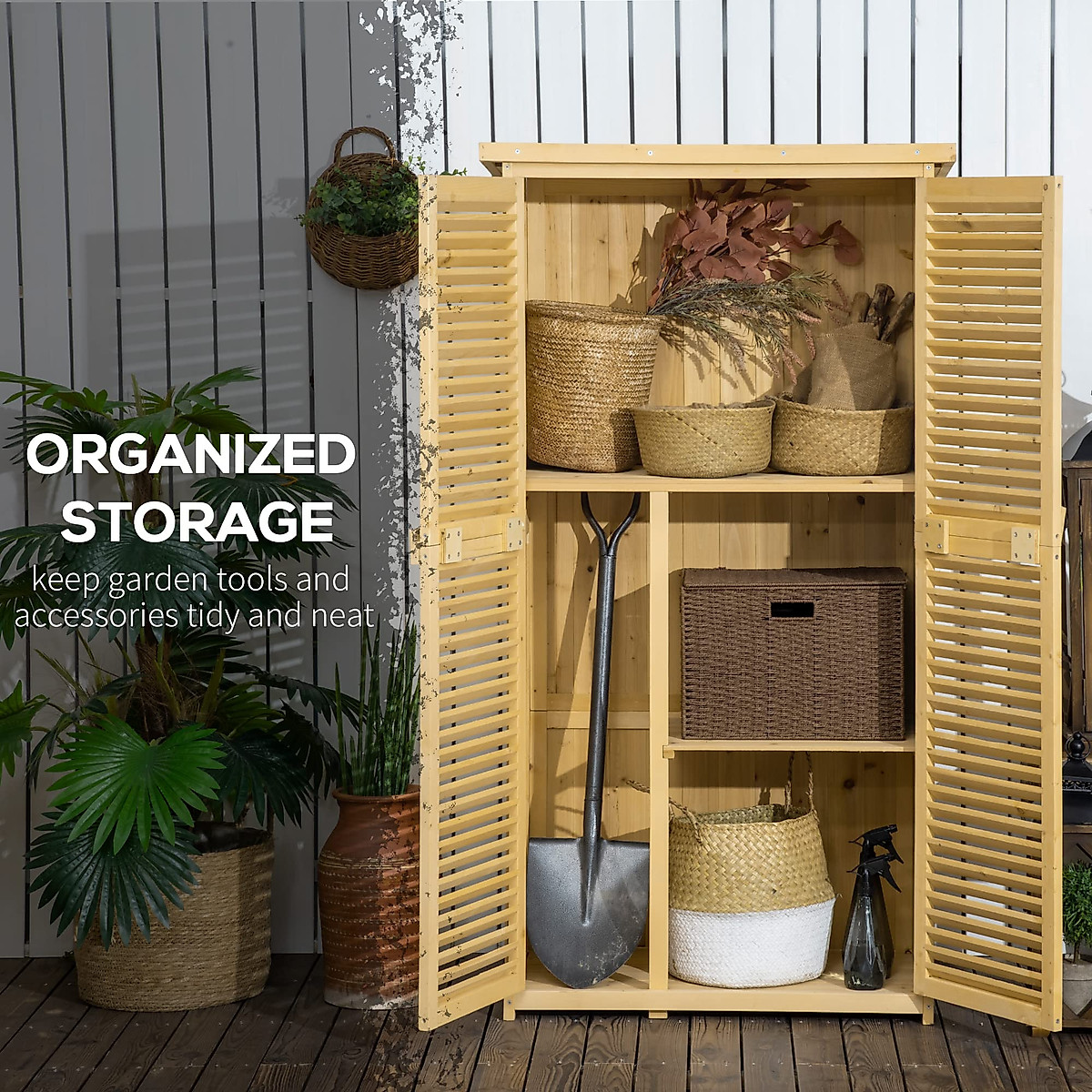 Outsunny 3' x 5' Wooden Outdoor Storage Cabinet, Garden Sheds & Outdoor Storage with Asphalt Roof & 2 Large Wood Doors with Lock, Natural