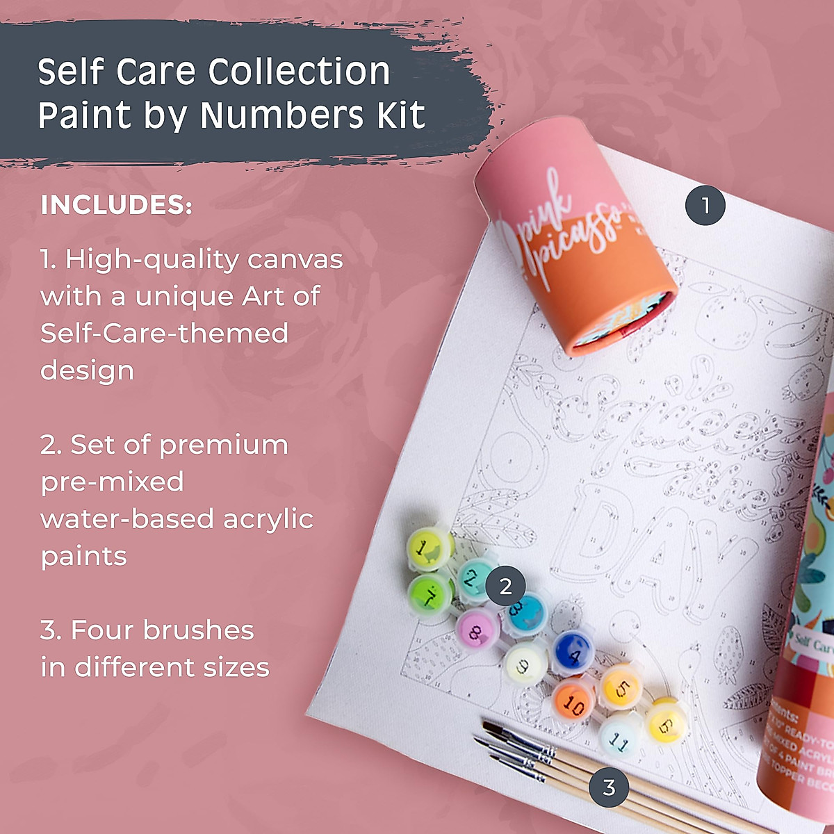 Pink Picasso Kits Self Care Collection Paint by Number for Adults & Beginners | DIY Unique 8x10 Canvas Painting Kits | Color by Numbers Arts Paint Canvas Best for The Young at Heart | Squeeze The Day