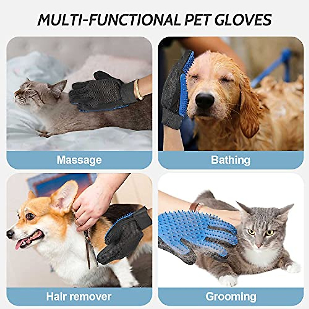 NYJUCL Shedding Gloves for Dogs & Cats, Pet Grooming Bathing Washing Hair Remover Brush Fur Mitts, for Cat Dog Horse Rabbit Animal, 1 Pair(One Size Fits All)