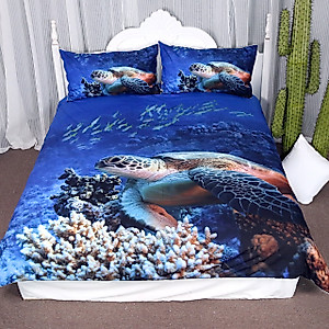 ARIGHTEX Sea Turtle Bedding Blue 3D Turtle Duvet Cover Ocean Coral Fish Bed Set for Teens Boys Kids Girls 3-Piece Sea Life Comforter Cover Full Set