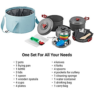 Bulin 37PCS Camping Cookware Mess Kit Lightweight Backpacking Cooking Set Outdoor Cook Gear for Family Hiking, Picnic(Kettle, Pot, Frying Pan, Cups, Plates, Forks Knives Spoons, Carabiner)