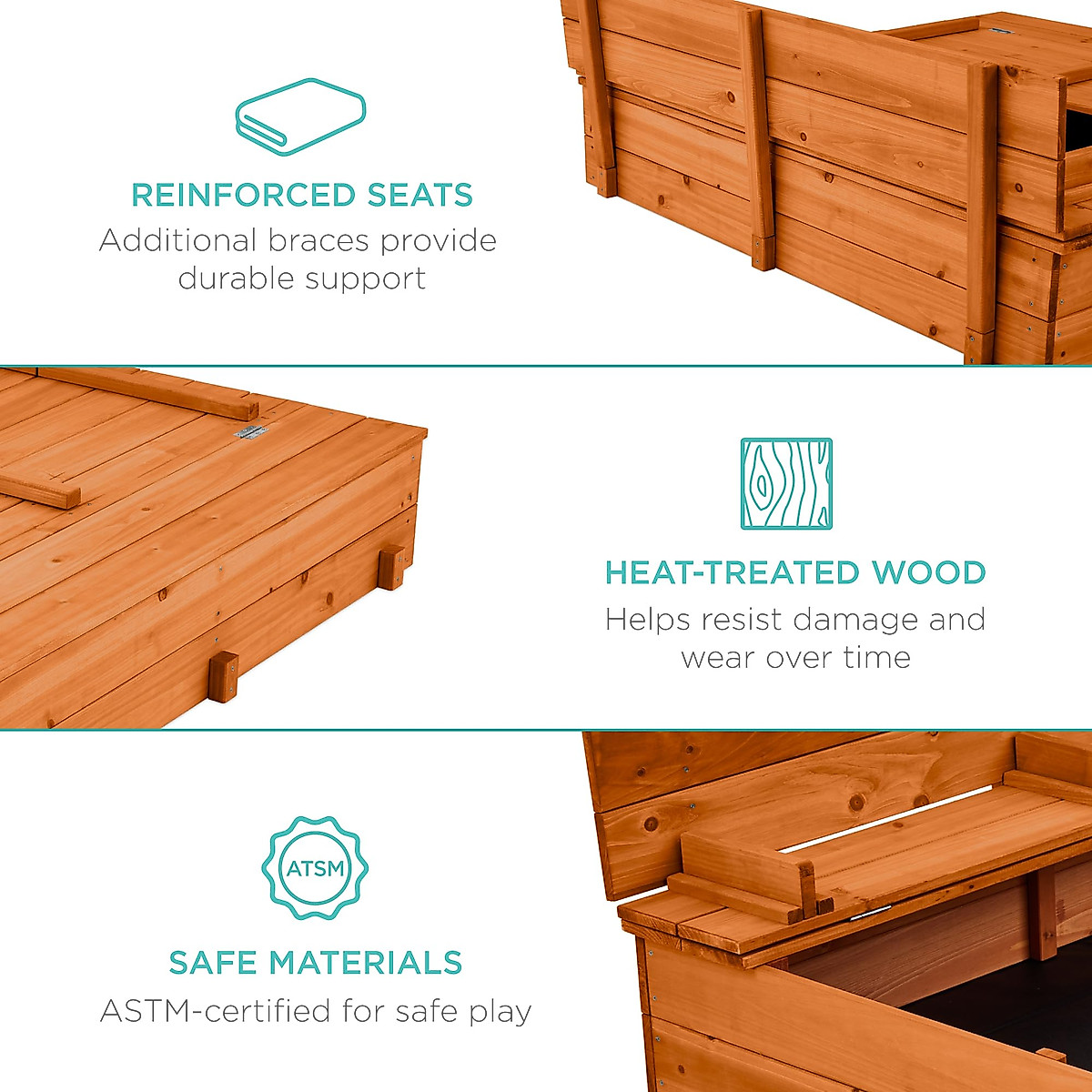 Best Choice Products Kids' Outdoor Wooden Sandbox Large, Cedar Wood with Foldable Bench Seats and Sand Protection, Bottom Liner Included - Brown