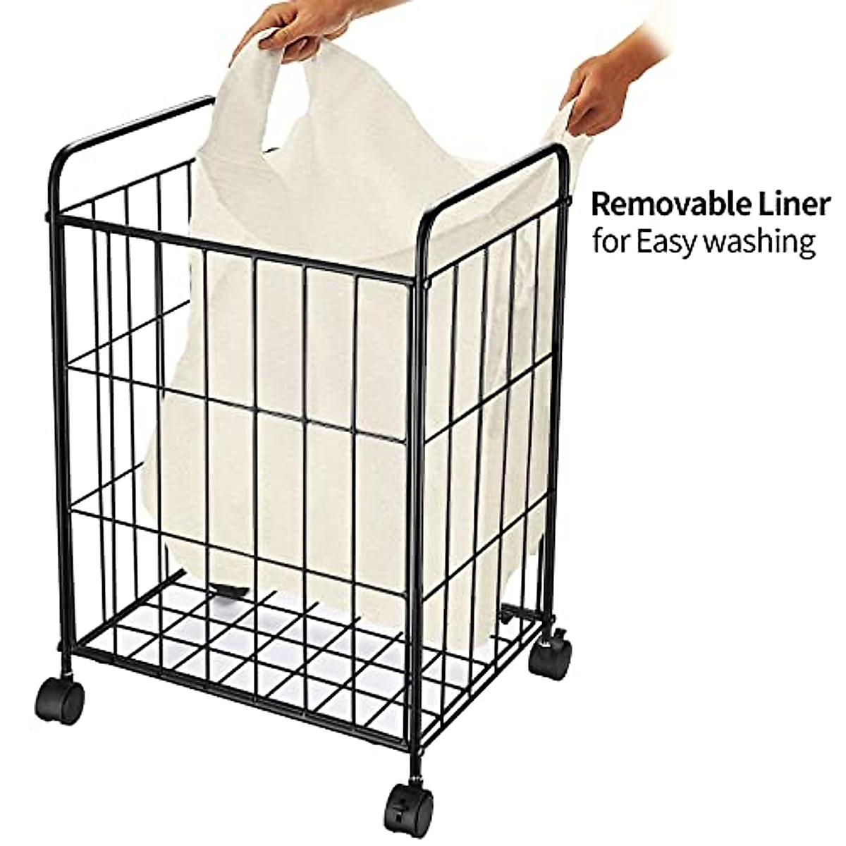 Iron Wire Laundry Hamper With Rolling Lockable Wheels, Folding Laundry Storage Basket with Metal Handles, Detachable Liner Bag Dirty Laundry Hamper Cart Sorter Clothes Basket Organizer