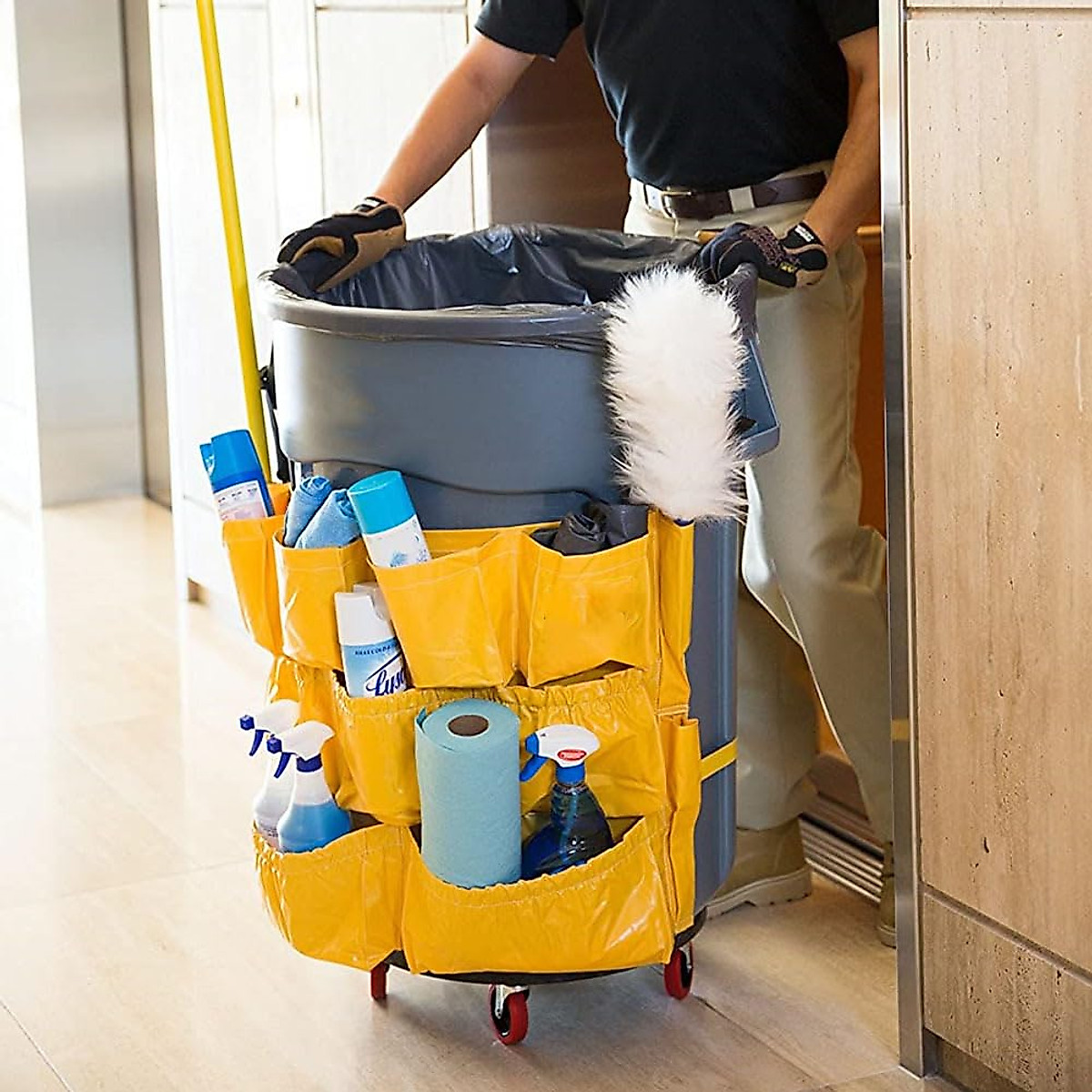 Amosfun Trash Can Tool Bag Commercial Products Supply Garbage Bin Mounted Cleaning Tools Bag for Organizing Spray Bottles Paper Towels Gloves Scrub Brush