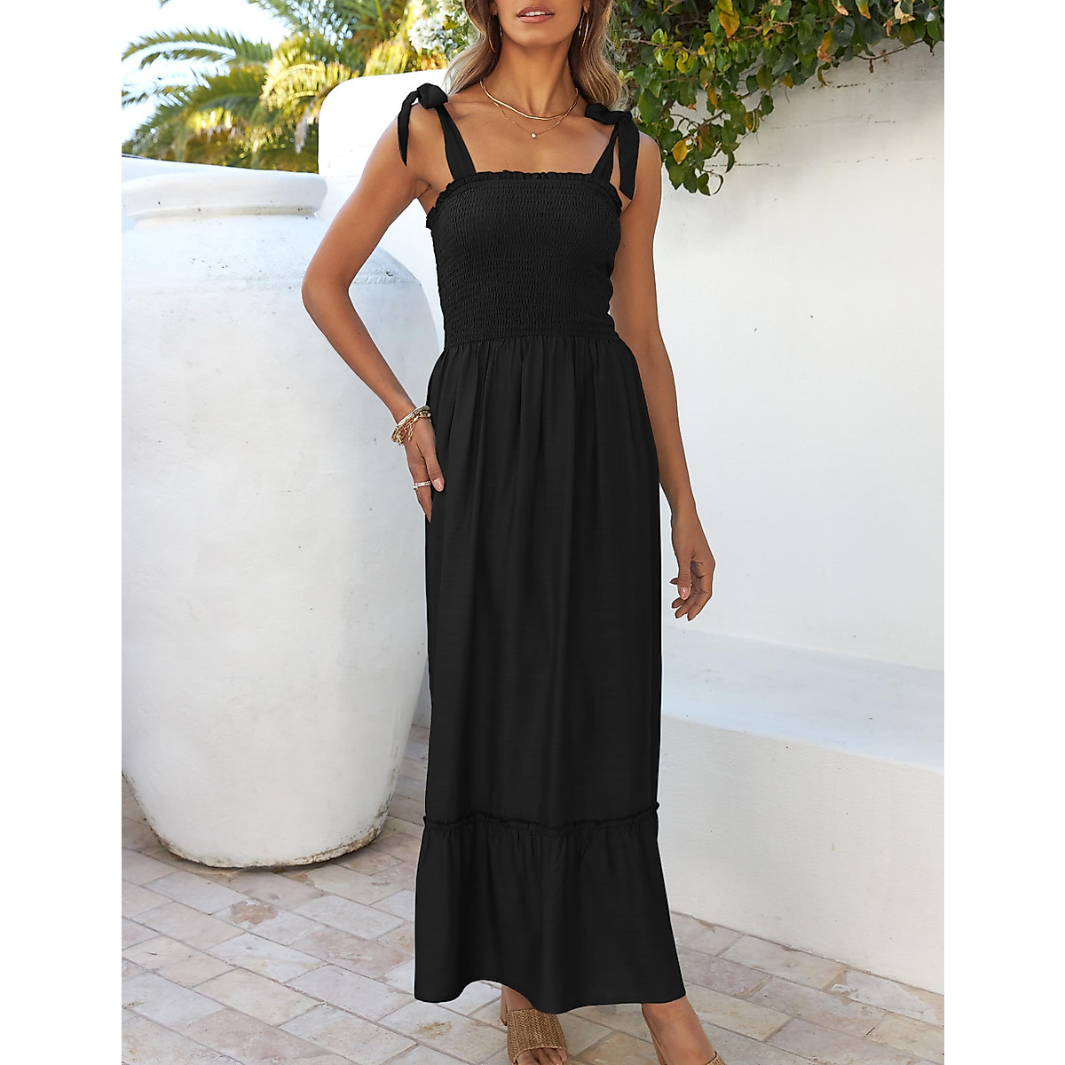 ZESICA Women's 2024 Summer Boho Spaghetti Strap Square Neck Solid Color Ruffle A Line Beach Long Maxi Dress,Black,Small
