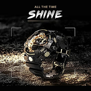 PINIDOUS Mens Watch for Men Digital Sport Watch Gold Watches Waterproof Watches with 3 Alarms/Countdown/Stopwatch/Digital-Analog/Dual Time/Light/Military Multifunctional Wrist Watch