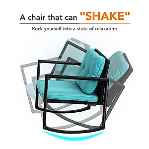 PayLessHere Outdoor Conversation Sets Rattan Furniture Wicker Rocking Chairs with Blue Cushions and Glass Coffee Table for Balcony Poolside Garden Patio Porch Backyard