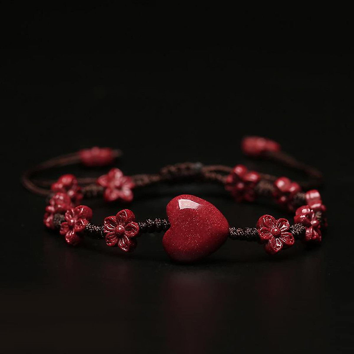 Xgimas Natural Cinnabar Bracelet, Adjustable Handmade Braided Rope Prosperity Flowers Good Lucky Red Heart Shaped Charm Bracelet for Women Men