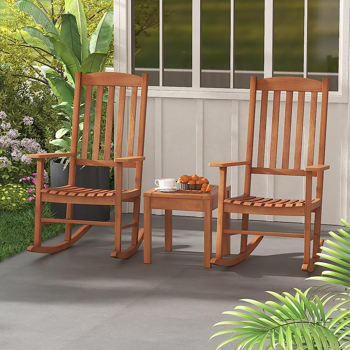 Giantex Wood Outdoor Rocking Chair - Eucalyptus Rocker Chair with Stable & Safe Rocking Base, High Backrest, Slatted Patio Rocker for Garden, Poolside, Courtyard Outdoor Rockers, Porch Rocker Set of 2