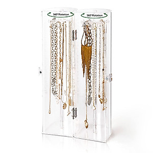 Acrylic Necklace Holder, Clear Necklace Organizer with 24 Hooks, Dustproof Rotation Jewelry Storage Holder Stand, Long Necklaces Pendant Bracelets Display Case for Dresser Bathroom Vanity Countertop