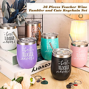 36 Pcs Teacher Appreciation Gift Sets 12 Oz Teacher Wine Tumbler for Women Valentines Day Gift for Teacher Thank You Gift Teacher Birthday Gifts Best Teacher Ever Cup and Keychain (Multi Color)