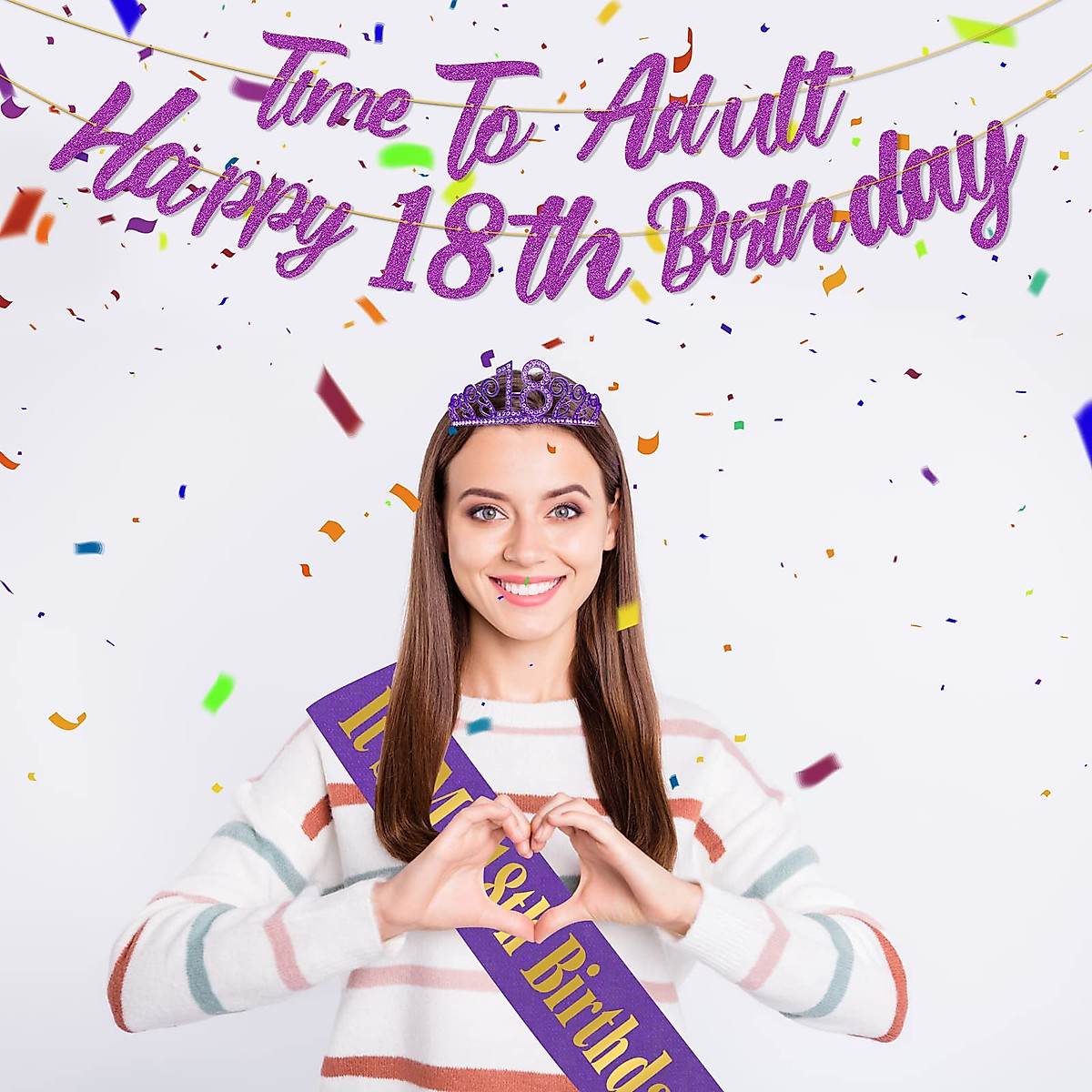 Purple18th Birthday Decorations for Girls Purple 18th Birthday Banner 40 Inch NO. 18 Purple Foil Balloons Purple Confetti Balloons 18th Purple Party Set (Purple-18)