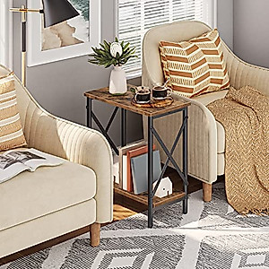 ALLOSWELL Side Tables, Hallway End Tables Set of 2, Narrow Night Stands for Livingroom, Bedroom, with Storage Shelf, Slim Night Tables X-Shaped Design, Industrial Style, Rustic Brown ETHR4801S2