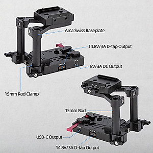 Nitze V Mount Baseplate with V Mount Battery Plate, 15mm Rod Clamp and Arca Swiss Baseplate (8V/3A DC, 14.8V/3A D-tap and PD 3.0 USB-C Output Ports) - N21-D7C