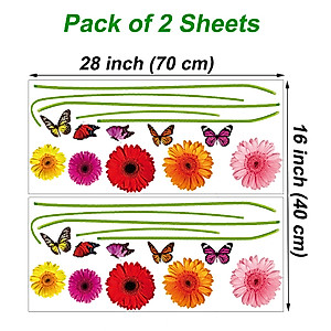 Maydahui 2 Sheets Gerbera Daisy Flowers Wall Decal 3D Floral Butterfly Wall Stickers (30*37 Inch) Peel & Stick Removable Modern Art Mural Decor for Kitchen Kids Bedroom Living Room(