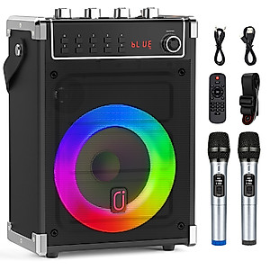 JYX Karaoke Machine with 2 UHF Wireless Microphones, Bass/Treble Bluetooth Speaker with LED Light, Support TWS, AUX In, FM, REC, Supply for Party/Adults/Kids - Black
