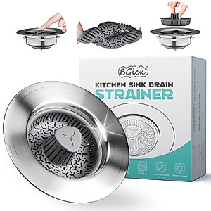 Silicone 3 in 1 Kitchen Sink Drain Strainer and Stopper Combo, 304 Stainless Steel Wraped Shell, Silicone Anti-Clogging Basket Strainer, with Handle for US Standard 3-1/2 Inch Drain