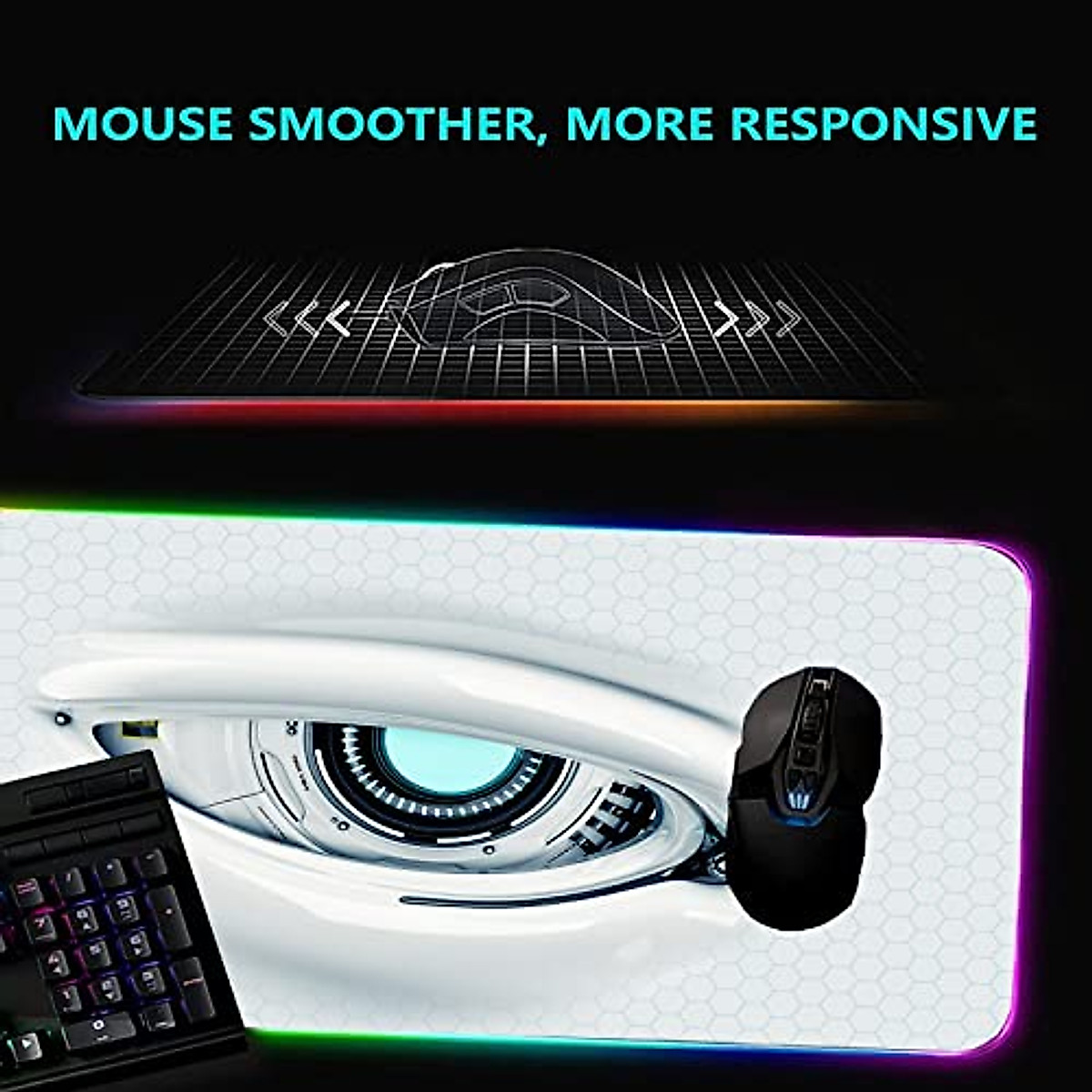 Gaming Mouse Pads Hexagon Shaped White RGB Gaming Mouse Pad Abstract Eyes Large Led Desk Mouse Mat Locking Edge Extended Keyboard Pad with Rubber Base 30X60Cm