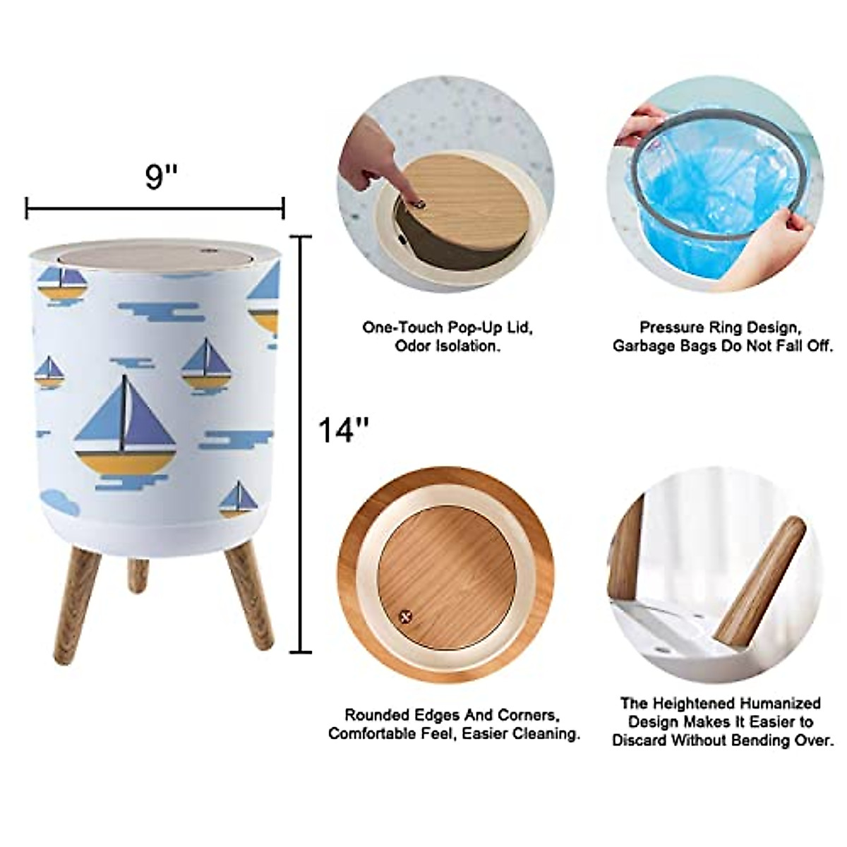CAKOJV188 Round Trash Can with Press Lid Seamless Sailboat Design for Fabric Small Garbage Can Trash Bin Dog-Proof Trash Can Wooden Legs Waste Bin Wastebasket 7L/1.8 Gallon