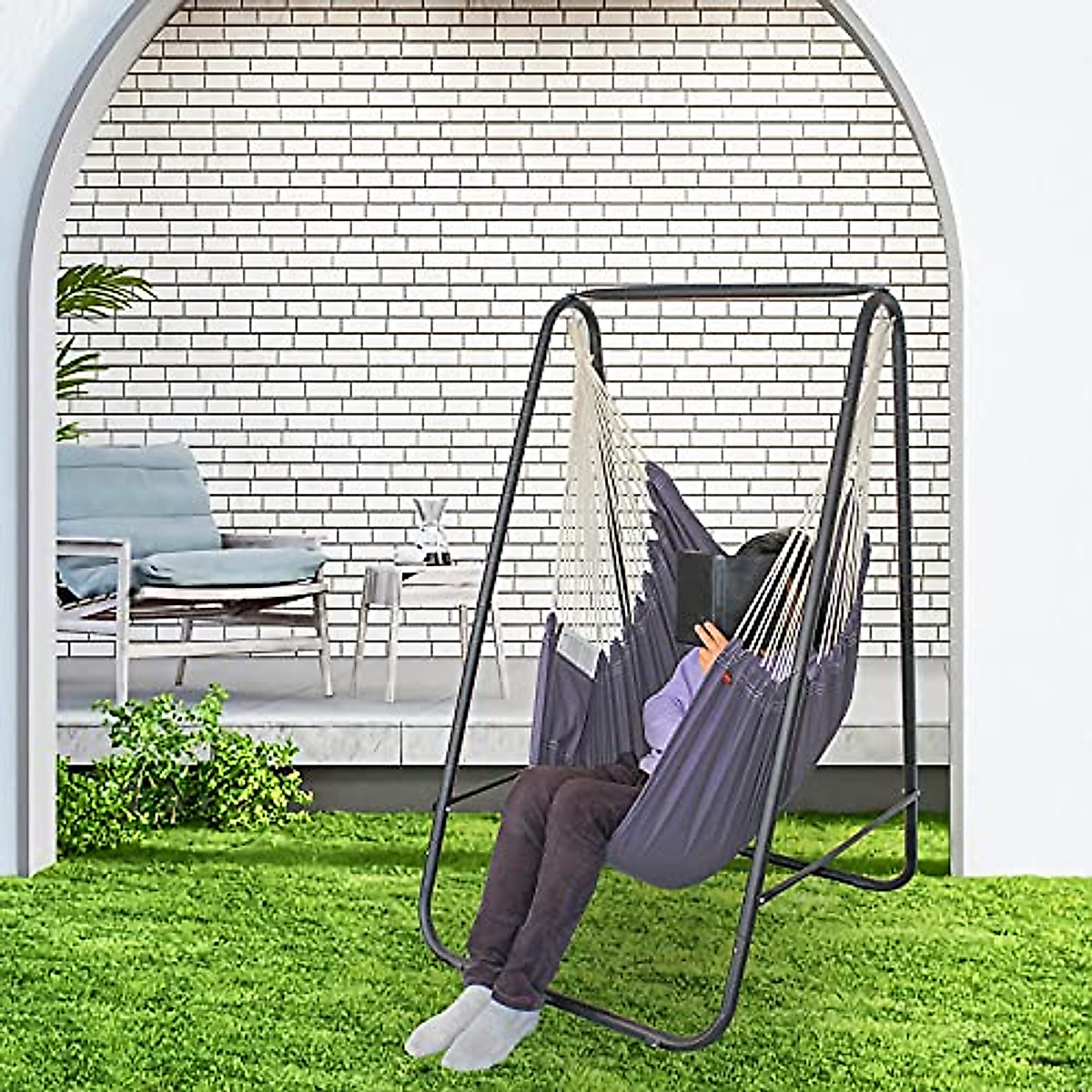 YUCAN Hammock Chair Stand with Hanging Swing Chair Included,Weather Resistant and Saving Space Stand Max 450 Lbs, Quality Cotton Weave Wrap Whole,Suitable for Indoor Outdoor Patio Yard（Grey） Patented