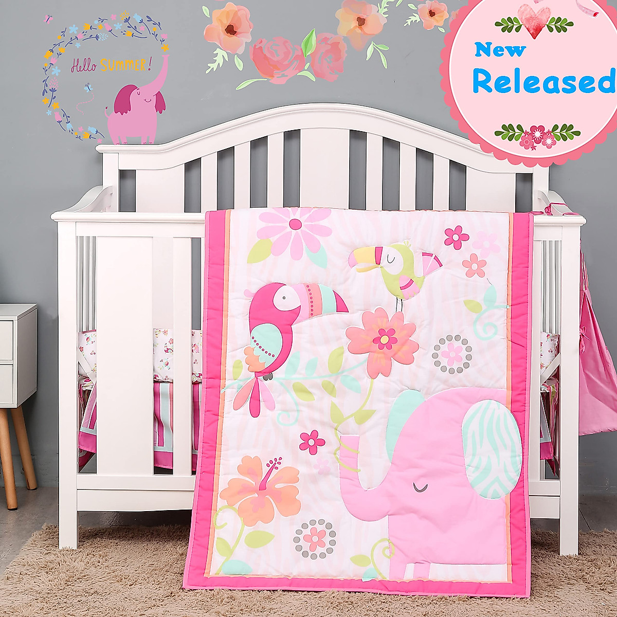 Brandream Crib Bedding Sets for Girls Pink Garden Elephant Parrot Birds 3-Piece Nursery Set | Baby Comforter, Fitted Crib Sheet, Crib Skirt Included, Floral Animal Collection
