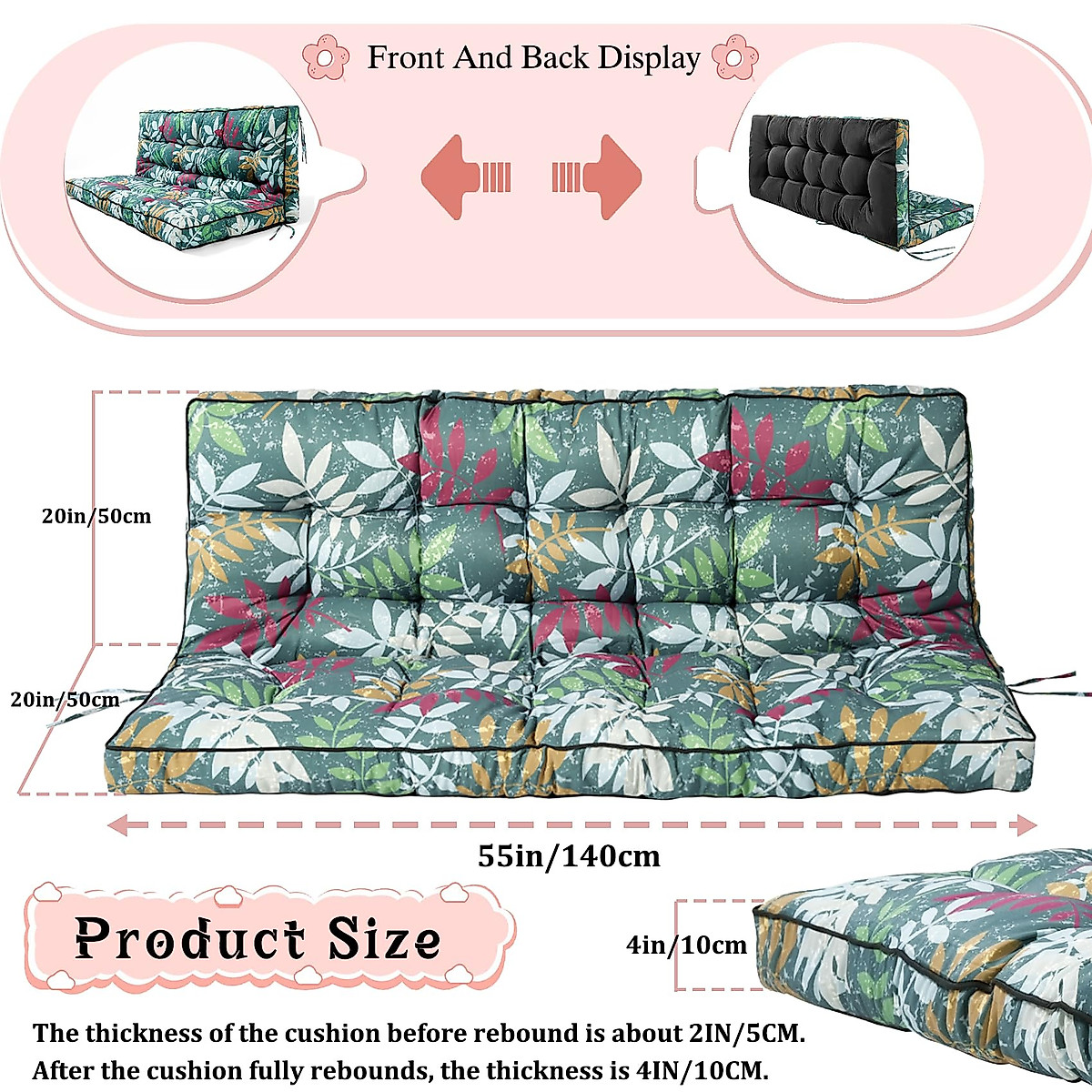 2-3 Seat Swing Replacement Cushion, Outdoor Bench Cushions with Backrest Thicken 4", Patio Furniture Garden Porch Loveseat Glider Pad Anti-Fading Waterproof (Green Flower, 40x55in)