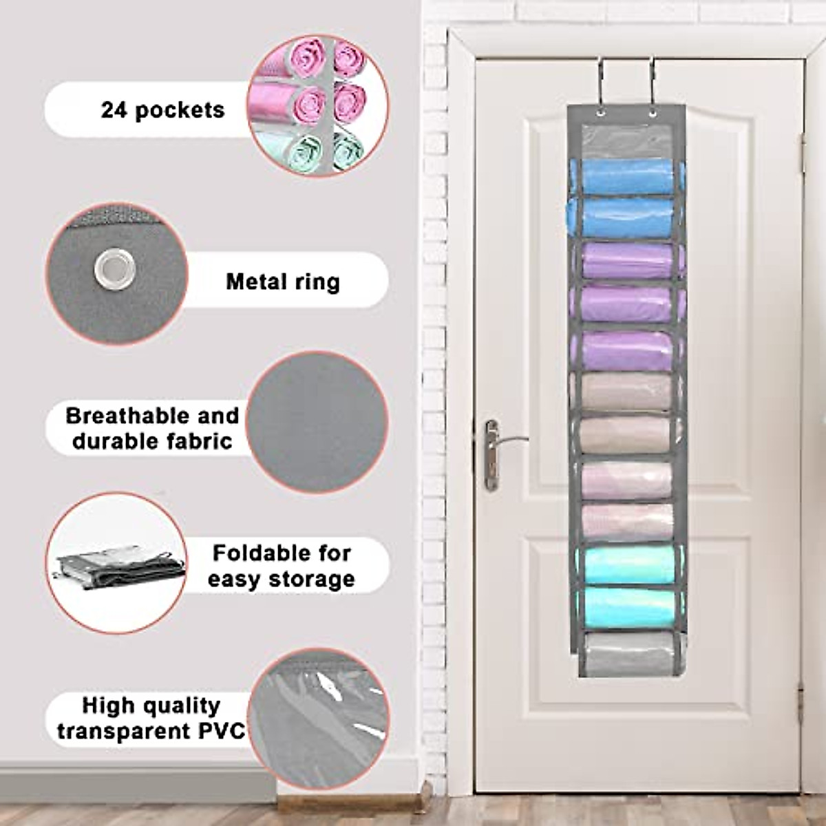 2 Pack Legging Hanging Storage Organizer, HUNTALG Yoga Leggings Space Saving Bag Storage Hanger with 24 Compartment, Foldable Clothes Closets Roll Holder for T-Shirt, Towel, Legging, Jean (Gray)