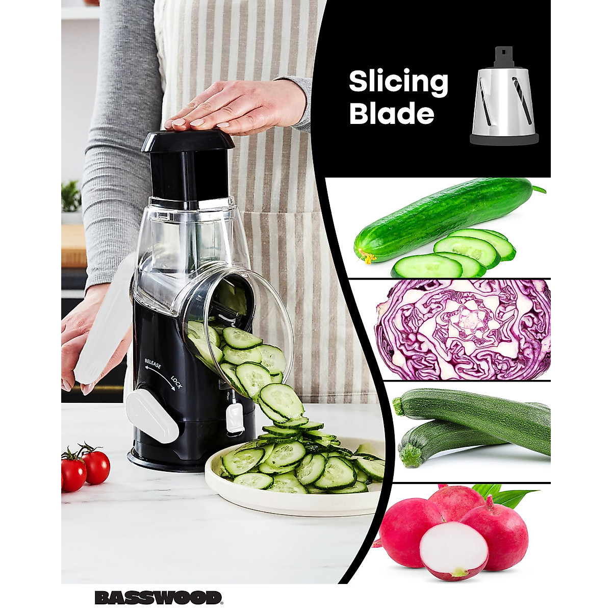 BASSWOOD Rotary Cheese Grater with Handle - Mandoline Slicer with 3 Stainless Steel Drum Blades-Vegetable Slicer Walnuts Grinder Cheese Shredder Round Mandoline with Peeler (Black)