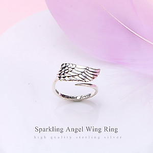 Ladytree Feather Guardian Angel Wings Ring for Women Memorial Sterling Silver Purity Adjustable Open Thumb Rings Jewelry Miscarriage Memory for Mother Mom Daughter Size 7