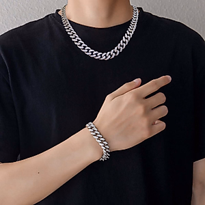 GIHENHAO 2pcs Cuban Link Chain for Men,Silver Necklace and Bracelet,Miami Cuban Chains,Bling Diamond Chain for Hip Hop Jewelry