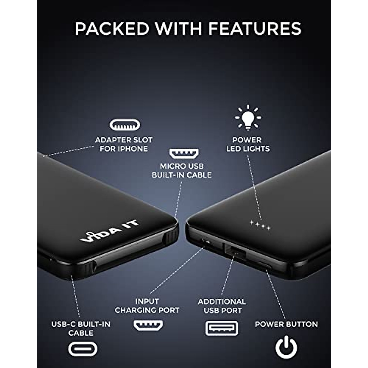 Vida IT Compact Power Bank Portable Charger for Samsung Galaxy S21 S20 S10 S7 Edge Google Pixel 6 6A 5 4 4A Motorola LG Android Cell Phone USB-C External Battery Pack 5000mAh with Built-in Cable