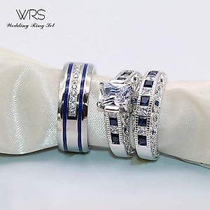 wedding ring set Two Rings His Hers Couples Matching Rings Women's 2pc White Gold Filled CZ Wedding Engagement Ring Bridal Sets Men's Stainless Steel Wedding Band