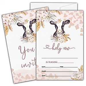 Ycyfckdr Holy Cow Birthday Invitations for Kids, Boho Birthday Party Invitation Cards, Pampas Grass Party Celebration Supplies Decoration -20 Fill in Invitations with Envelopes (B04)