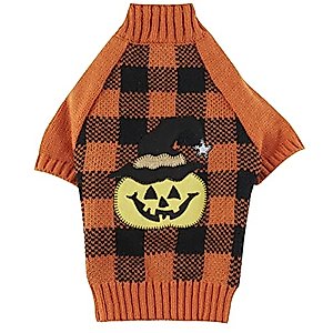 Orange Black Plaid Pet Halloween Holiday Clothes Pumpkin Dog Sweater for Small Dogs, Small (S) Size