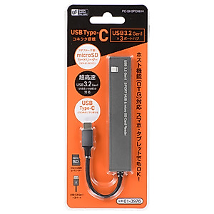 Ohm Denki USB Hub, 3 Ports, Micro SD Card Reader, USB Type-C Connector, PC-SH3PC08-H, 01-3976 OHM Aluminum