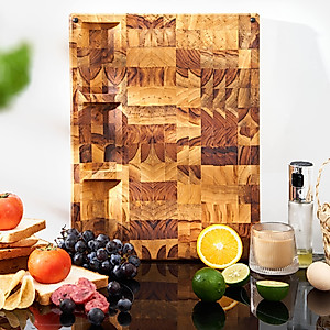 TUSO Butcher Block Cutting Board [17 x 13 x 1.5 inches ] End Grain Teak Wood Cutting Board - Reversible Multipurpose with Non-Slip Feet, Juice Groover, Sorting Compartments and Built-in Handles