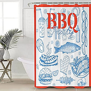 BBQ Party 4 Pcs Shower Curtain Set, 66" x 72" Waterproof Shower Curtains with 12 Hooks, Blue Lines BBQ Fish Hamburger Orange Lace Bathroom Sets with Shower Curtain and Rugs